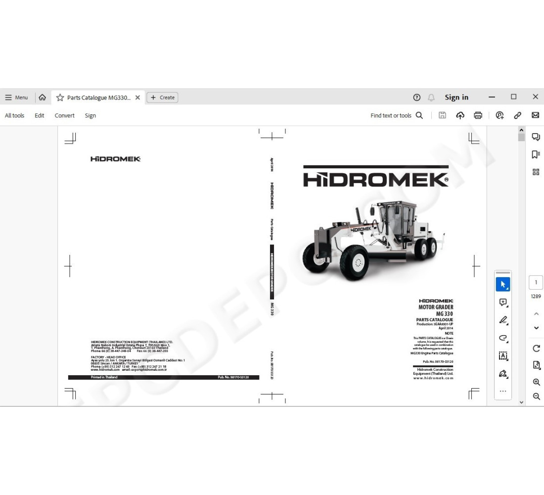 Hidromek Motor Grader MG330 spare parts manual