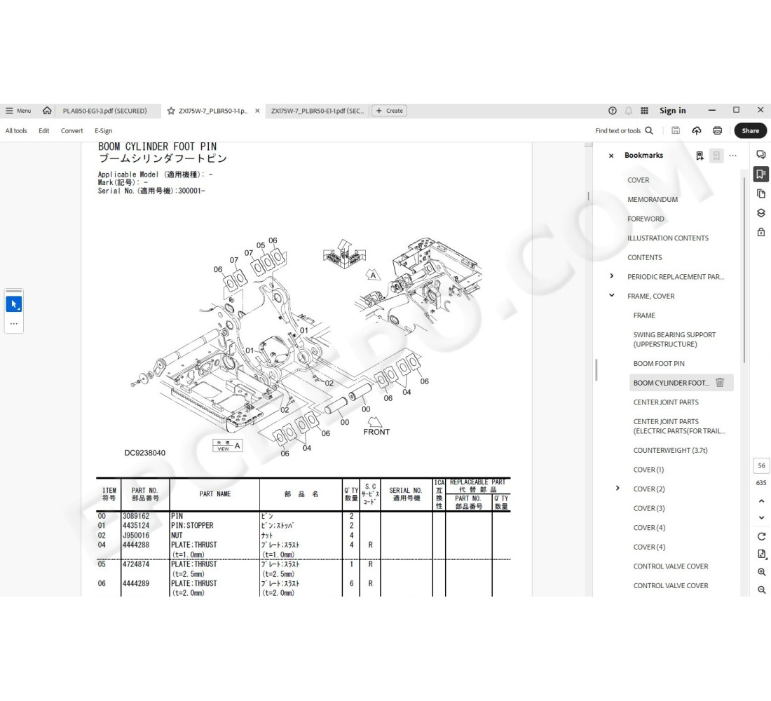 Hitachi excavator Zaxis ZX175W-7 spare parts manual