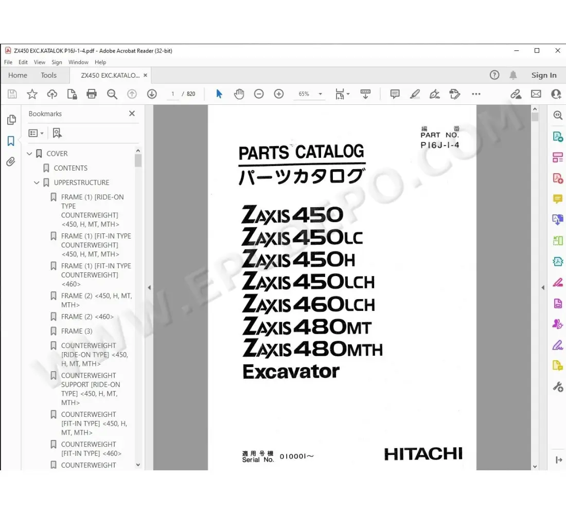 Hitachi Excavator Zaxis ZX450 ZX460 ZX480 parts manual