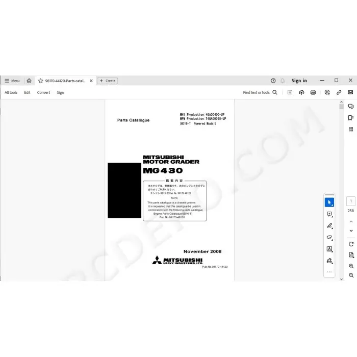 Mitsubishi motor grader MG430 - MG730 parts manual