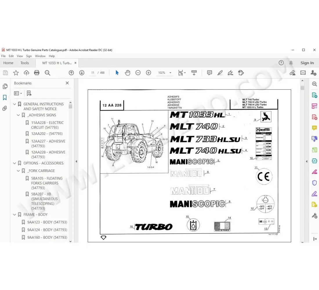 Manitou MLT 733 740 / MT 1033 Turbo parts manual